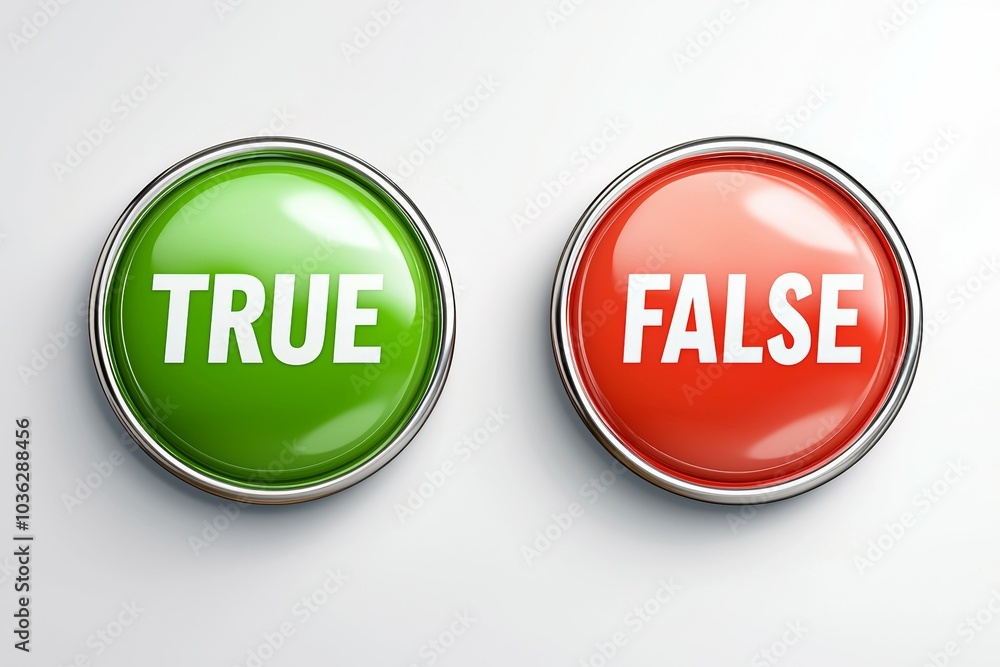 Green and red buttons labeled true and false placed on a light ...