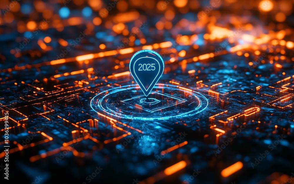 3D rendering of a blue pin marking the year 2025 on a futuristic ...