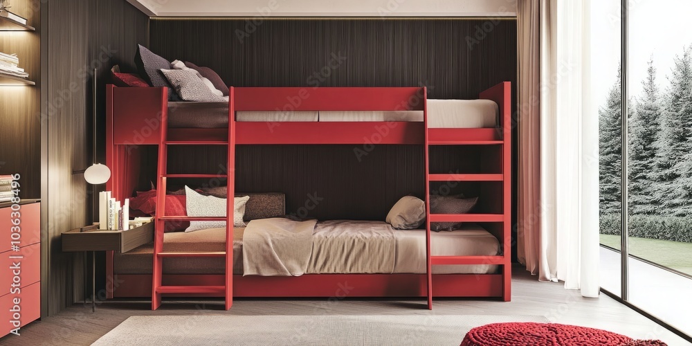 Red bunk bed with ladder in a modern children's bedroom, offering a ...