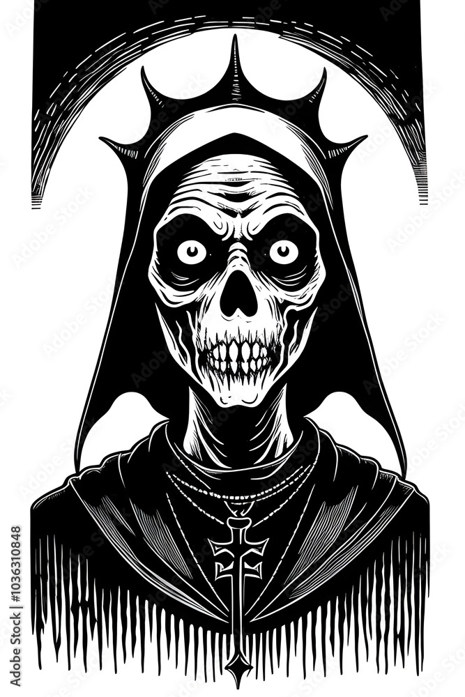 rich black, lino cut of a evil zombie nun, halloween, spooky, eerie ...