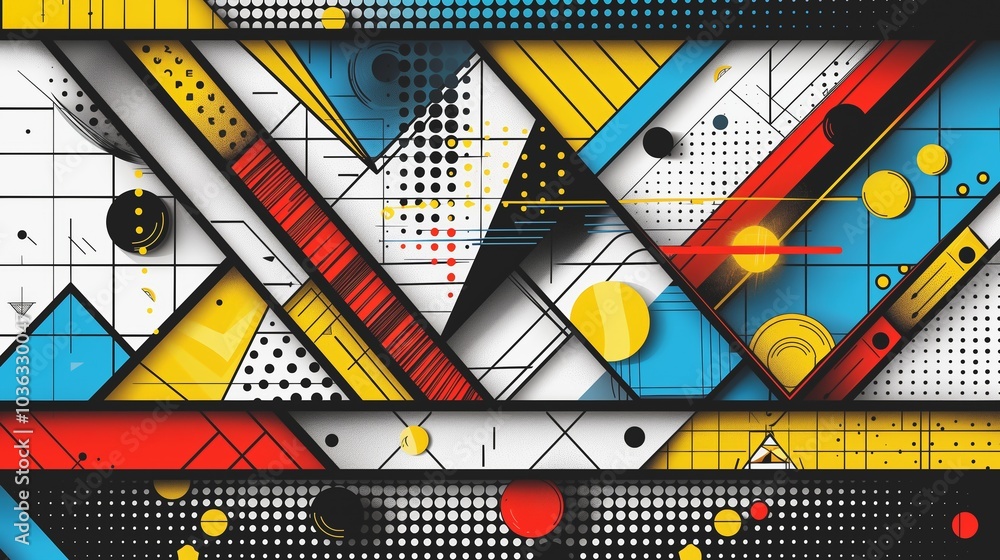 Geometric pop art with primary colors, circles, triangles, bold shapes ...