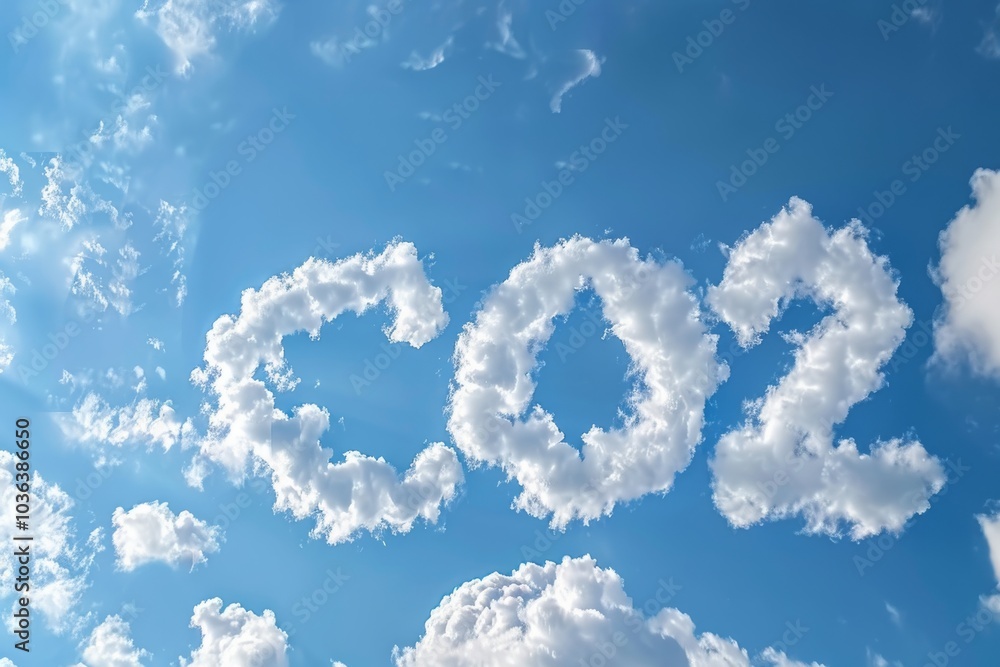 CO2 chemical formula is written in clouds on a blue sky background ...