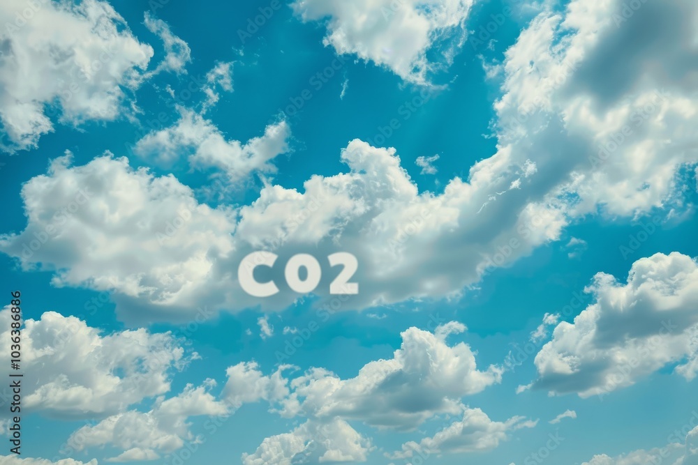 CO2 chemical formula is written in clouds on a blue sky background ...