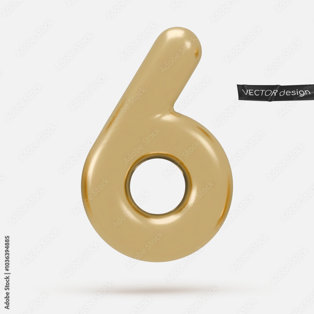 Golden icon, 3d render number 6, six, sign. Realistic design element ...