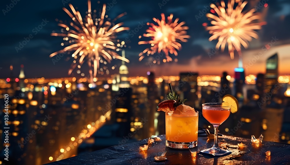 A New Year's Eve party on a rooftop in a big city, with twinkling ...