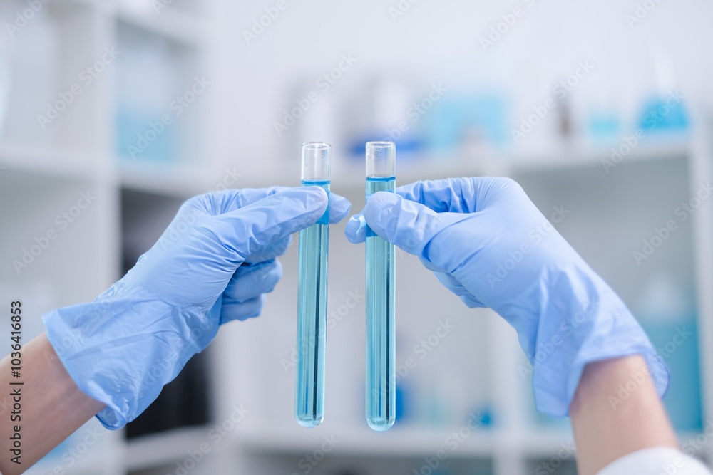 Close-up hands holding blue fluid liquid test tube glassware sample ...