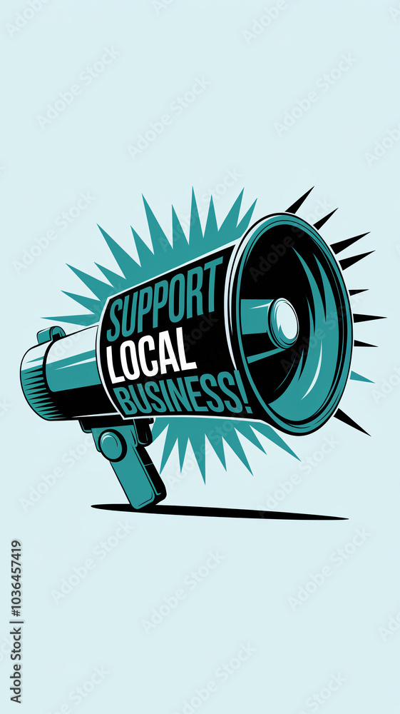 Illustration of a teal megaphone with "Support Local Business!" text in ...