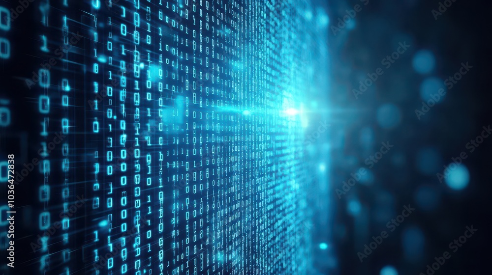 Blue binary code lines cascading in a matrix grid, side view, illustrating digital information ...