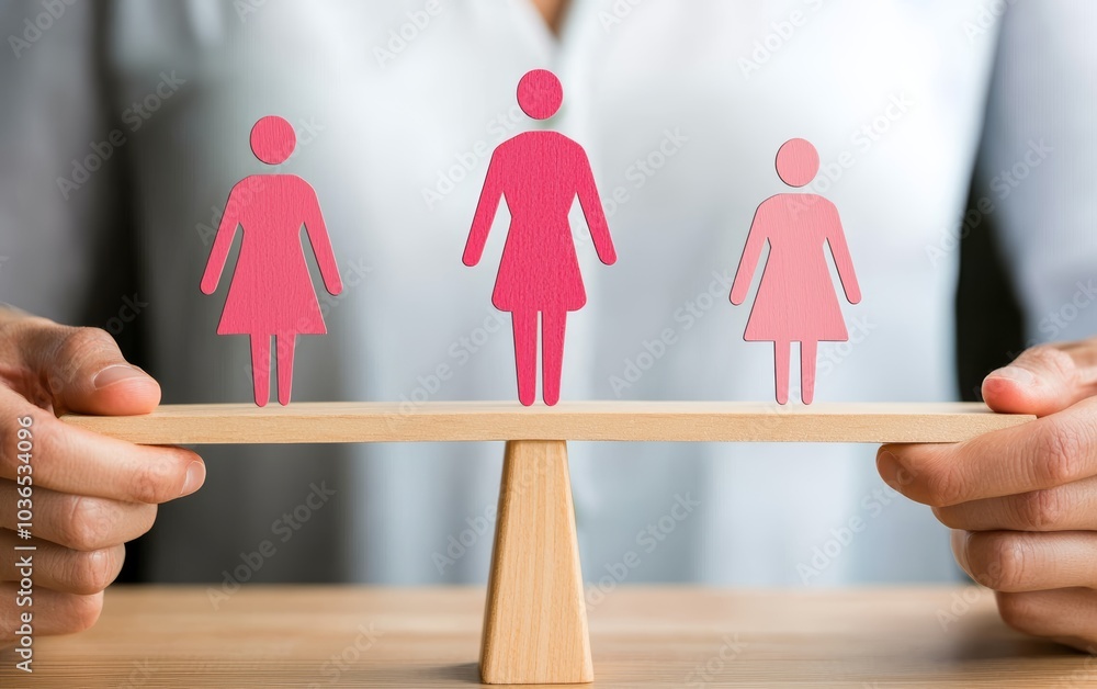 Seesaw with balanced gender icons and hands adjusting, illustrating ...