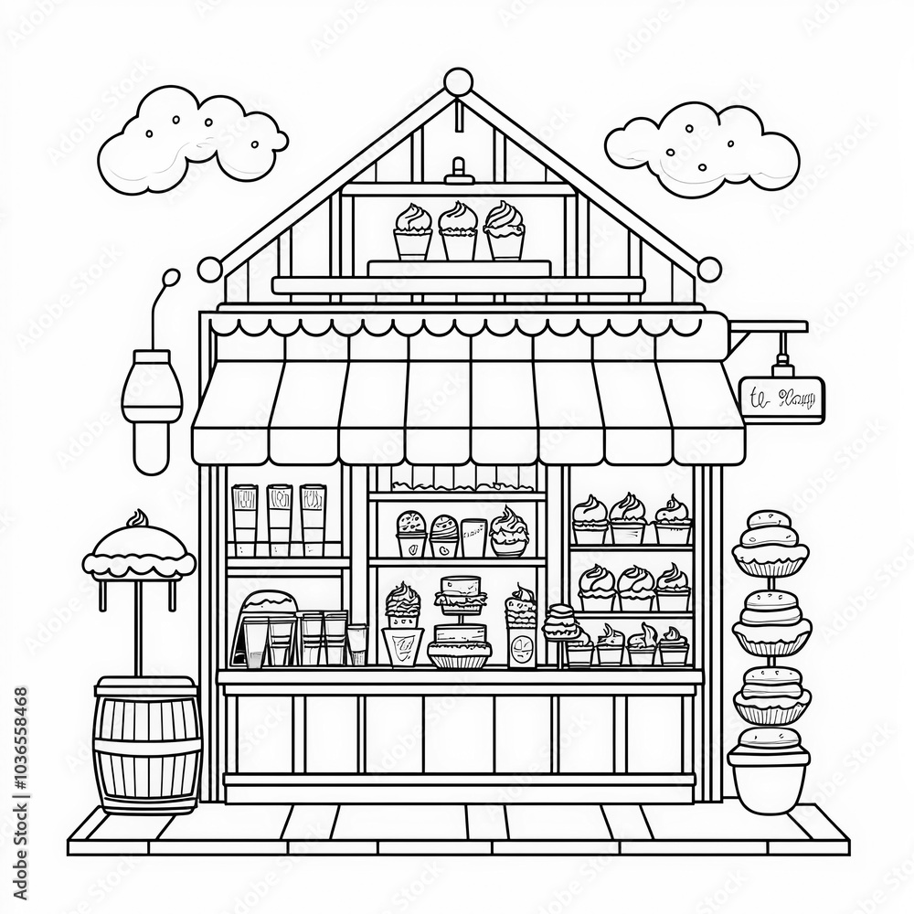 A magical ice cream shop with colorful flavors, coloring page for kids ...