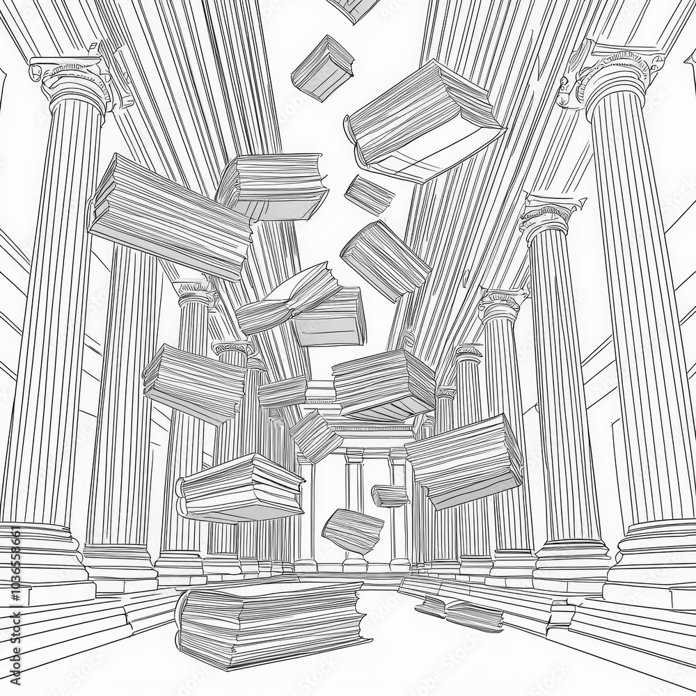 A magical library with floating books, coloring page for kids, simple ...