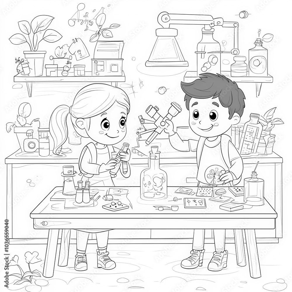 A science fair with kids showcasing projects, coloring page for kids ...