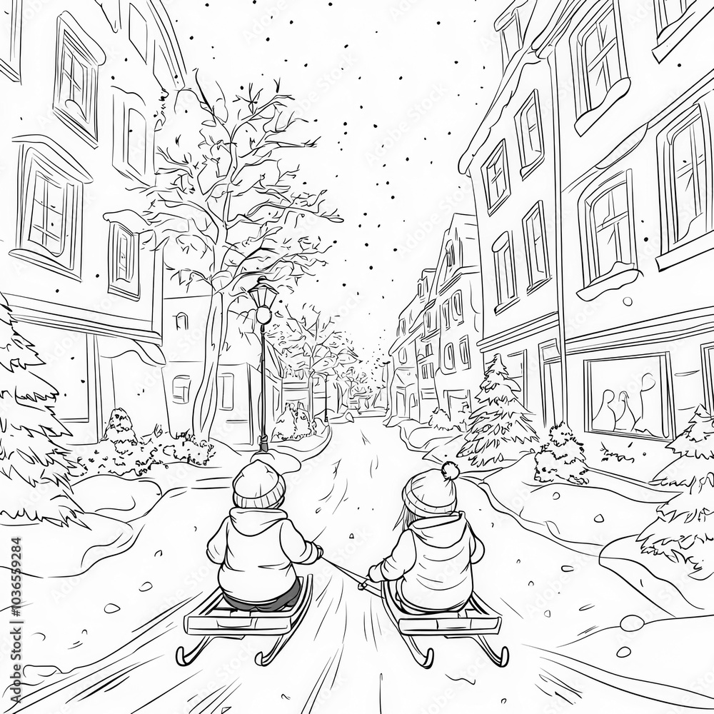 A snowy street with children sledding, coloring page for kids, simple ...