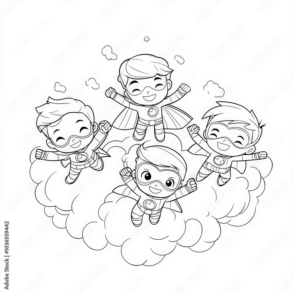 A superhero team working together to save the day, coloring page for ...
