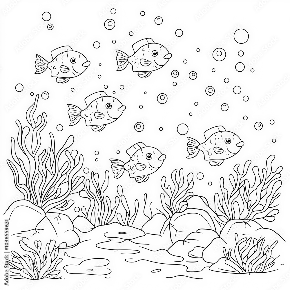 Ilustración de Stock A vibrant underwater coral reef, coloring page for ...