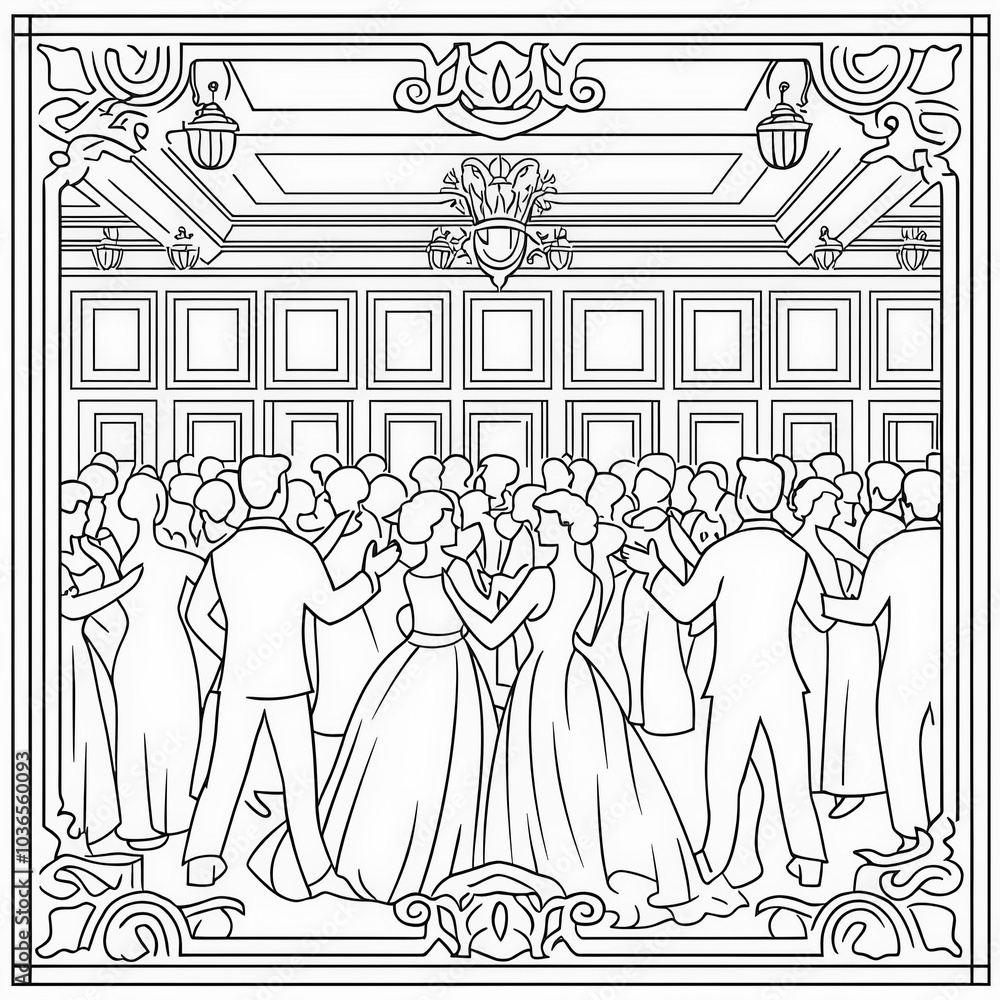 An elegant ballroom filled with dancing couples, anime coloring page ...