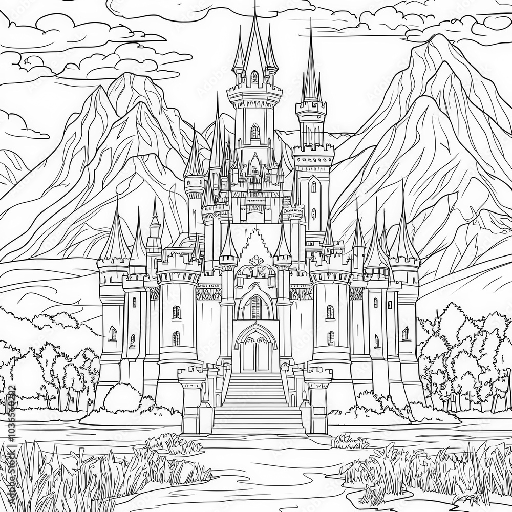 An enchanted castle with magical creatures, coloring page for kids ...
