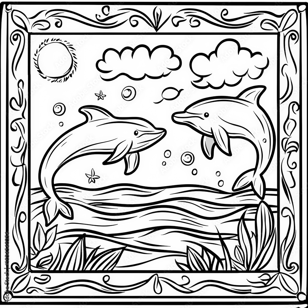 An ocean scene with whales and dolphins, coloring page for kids, simple ...