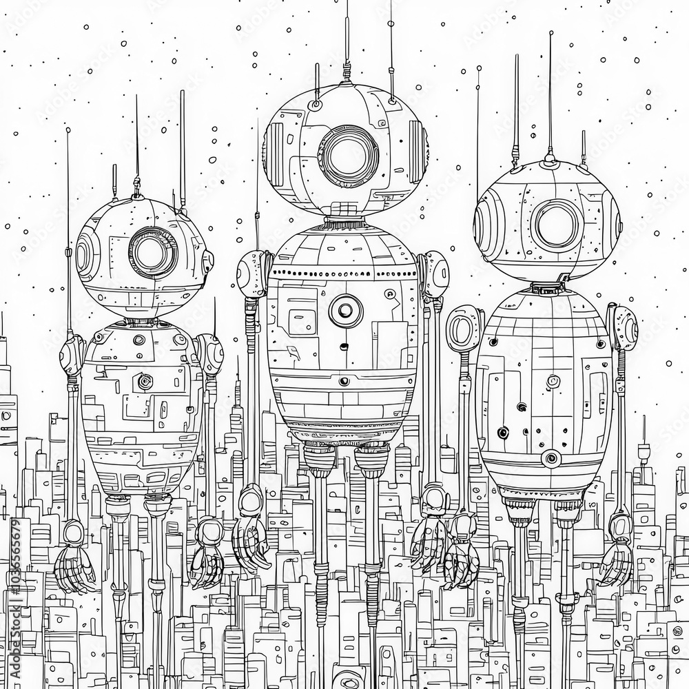 Robots in a futuristic city, coloring page for kids, simple outline ...