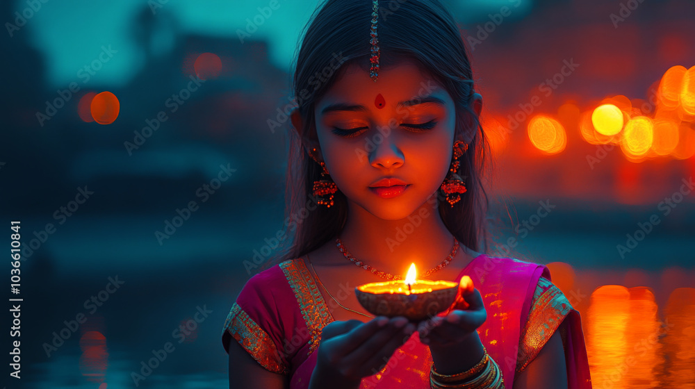 Young Indian Girl Lighting a Diya by the Riverside While Making a Wish ...