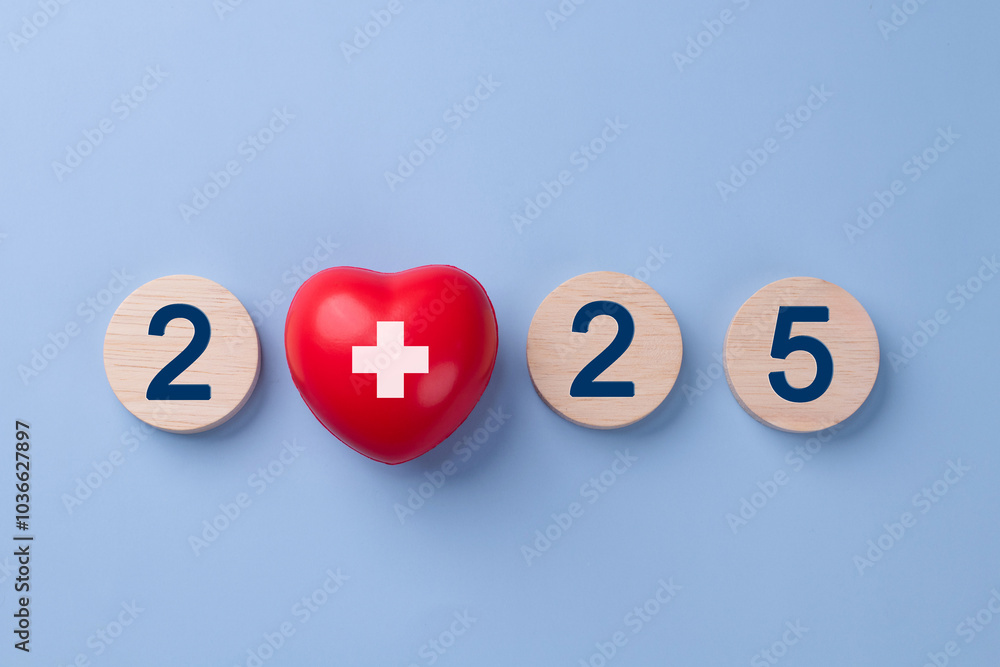 2025 New year for healthcare concept. A red heart and the numbers 2025 ...