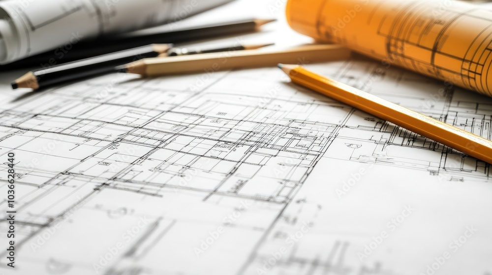 Architectural Blueprint with Yellow Pencil on Desk - Detailed Design ...
