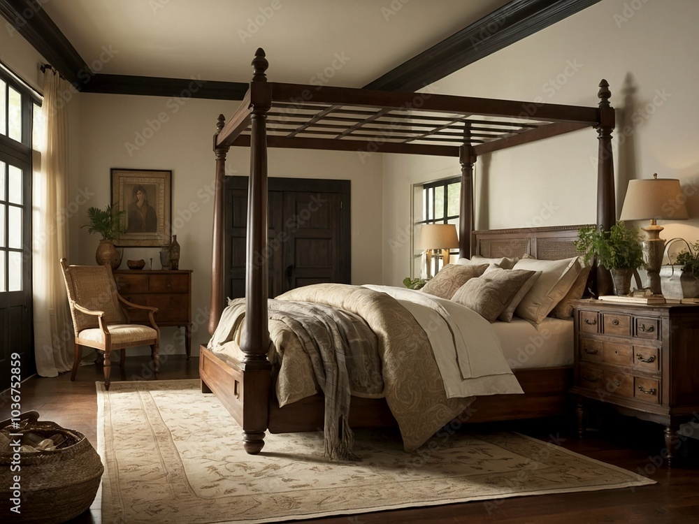 mockup of a colonial inspired bedroomcwith four poster bed with ...