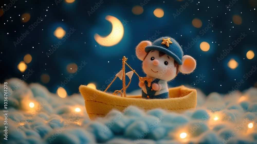 A cute little mouse in a sailor outfit sails on a tiny boat through a ...