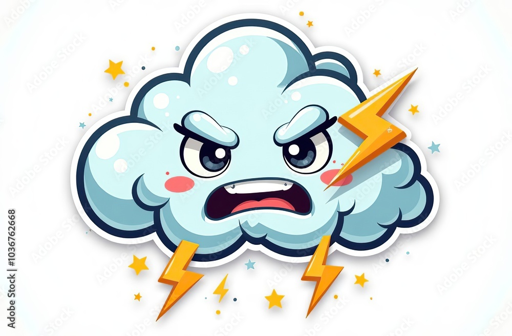Storm cloud character with cartoon angry face. Groovy sticker with ...
