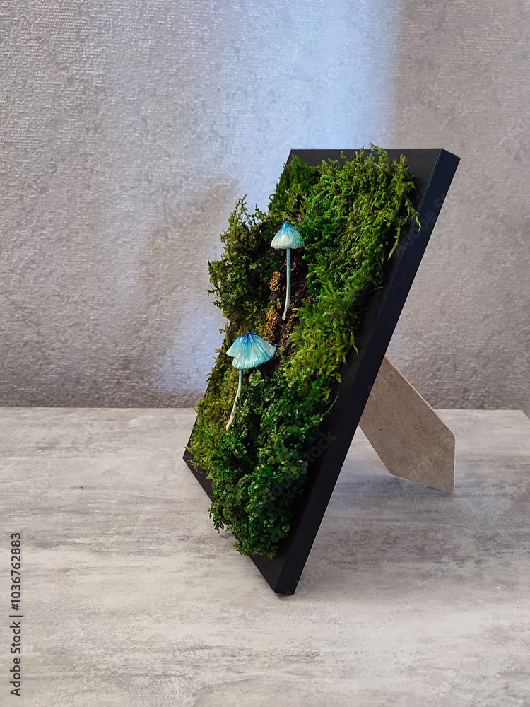Moss Panel With Blue Mushrooms, Green Preserved Moss Lichen Black Frame ...