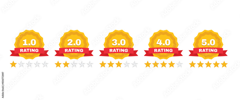 Five star rating badge. Quality rate label with ribbon, customer ...