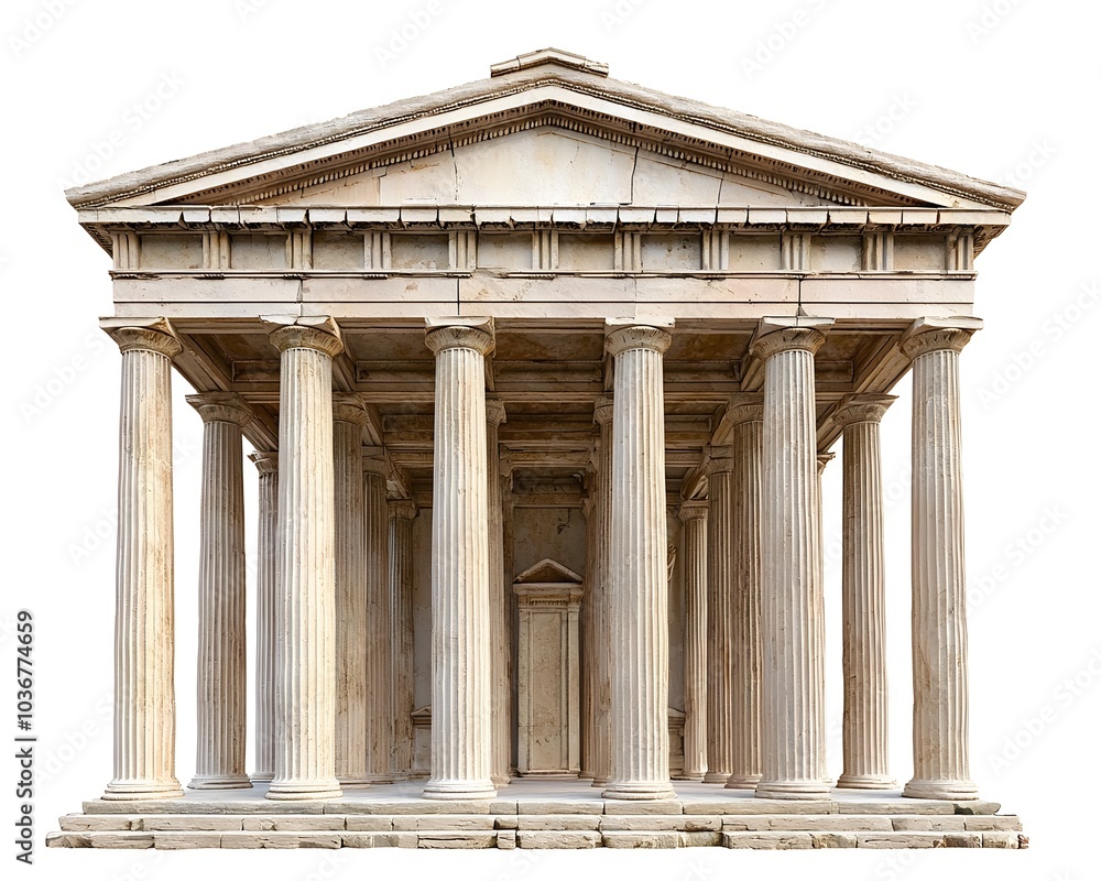 Solitary Ancient Greek Temple with Sturdy Columns and Triangular Pediment on White Background ...