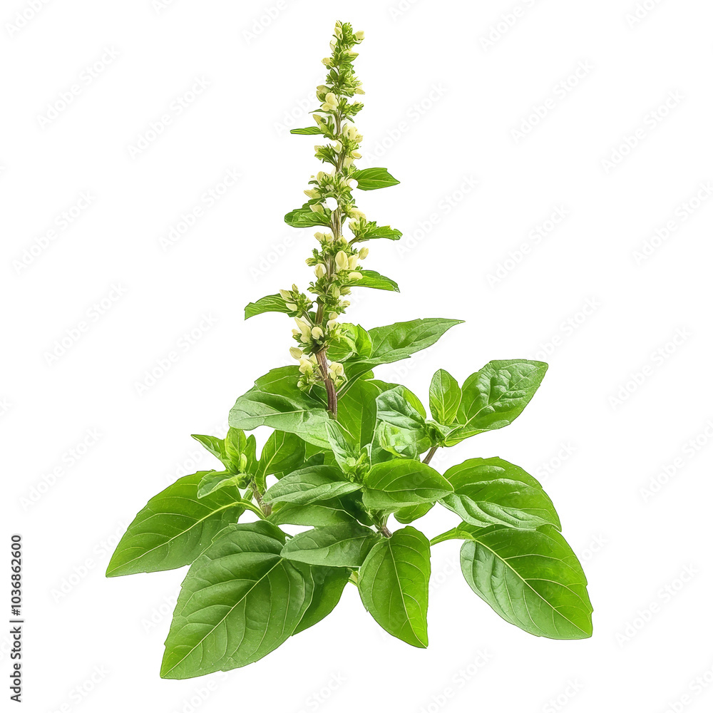 Holy basil plant with green leaves and flowering stalk isolated on a ...