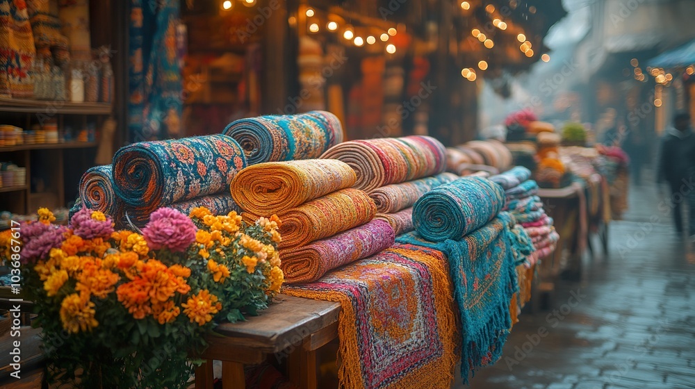 Vibrant Street Market Textile Vendor: A Colorful Display of Fabrics and ...