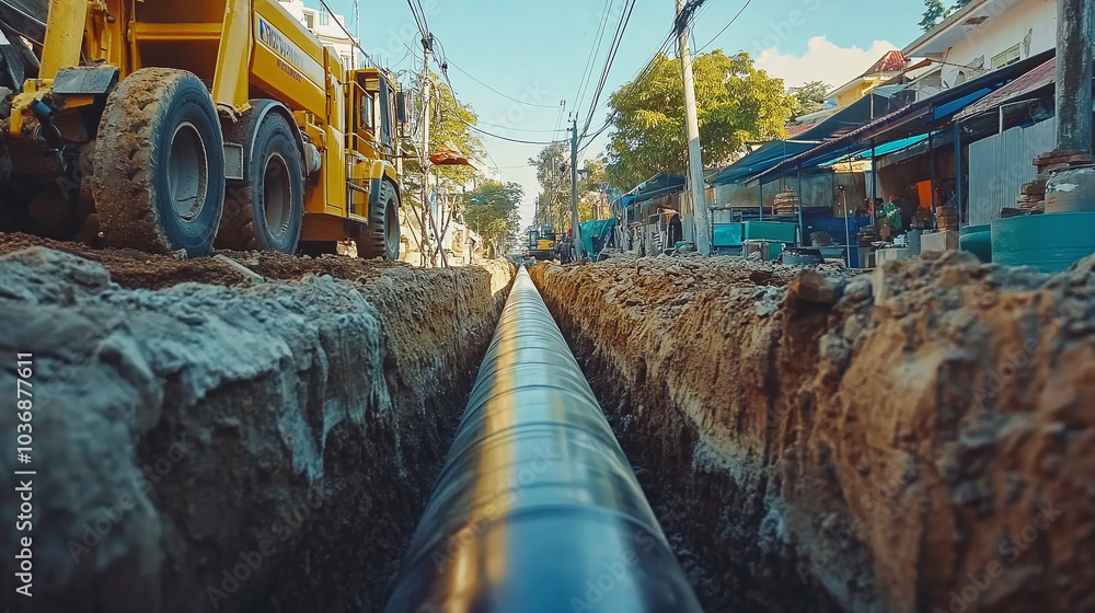 A close-up of a water pipeline being installed in a construction trench ...