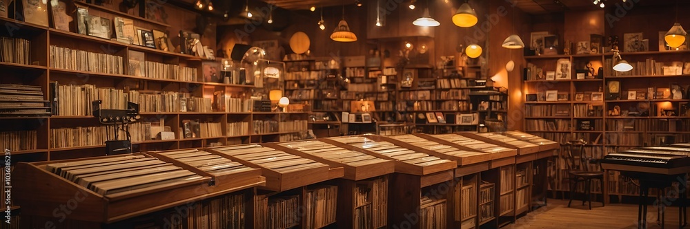 Cozy retro record shop interior with floor-to-ceiling wooden shelves ...