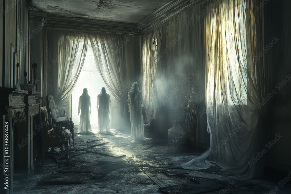 A group of faint, ghostly figures wandering through an old, decrepit ...