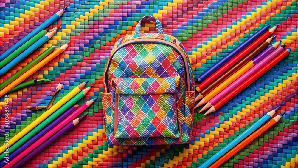 Vibrant backpack and colored pencils laid out on a dynamic patterned ...
