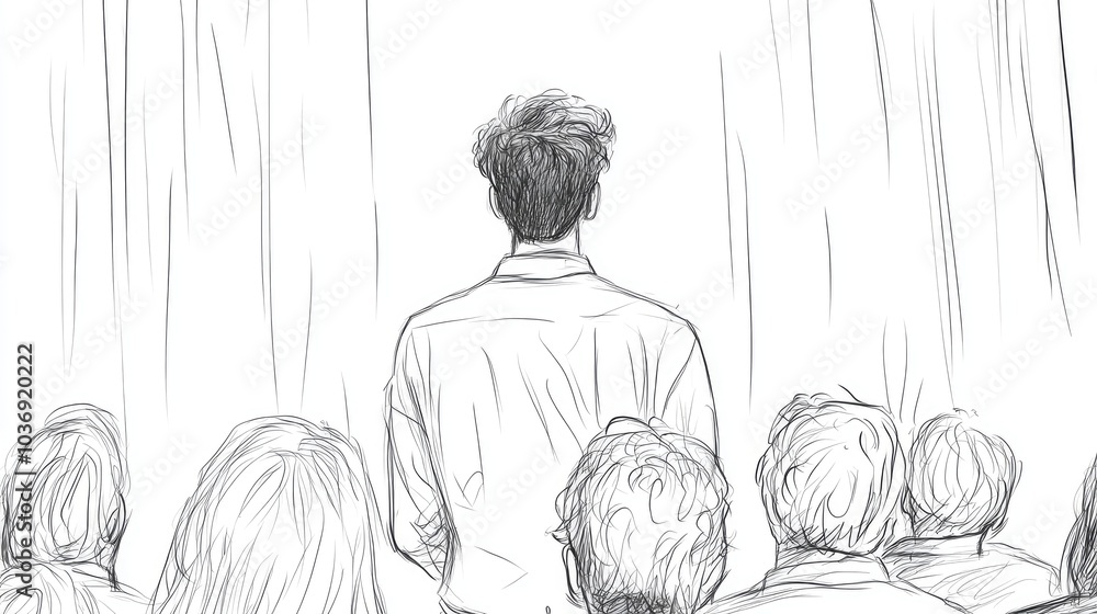 Continuous line drawing of a male character engaging with an audience ...