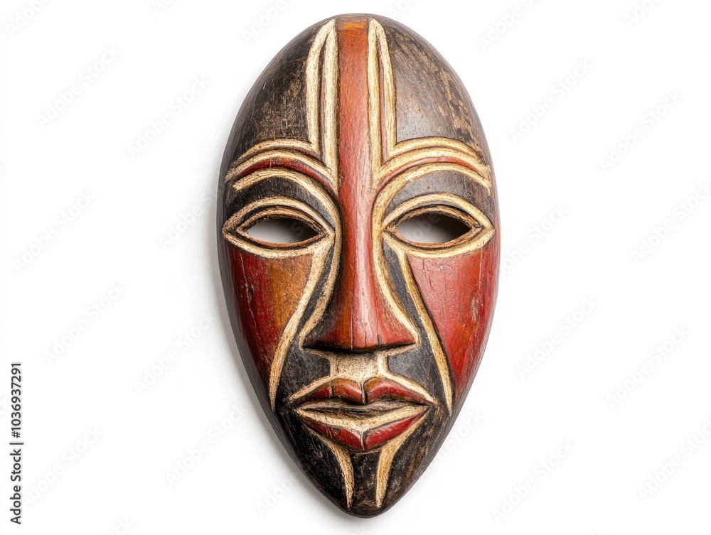 Carved wooden mask featuring brown and red hues representing cultural ...