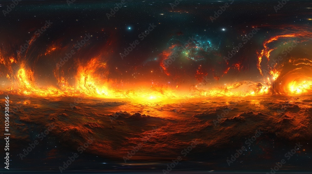 360 degree stellar system and glowing nebula in a 3D cartoon rendering ...