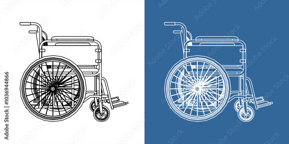 vector wheelchair side view. technical line drawing for people with ...