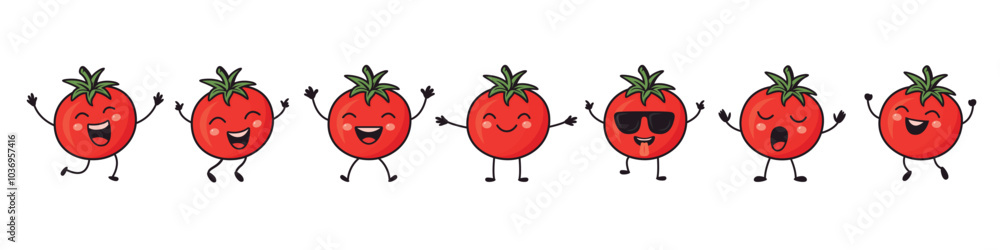 Flat Vector Cartoon Cute and Funny Tomato Character. Dancing, Smiling ...