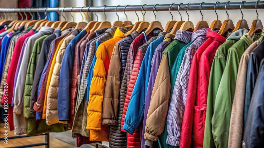 Assorted jackets and coats of different styles, colors, and sizes hang ...