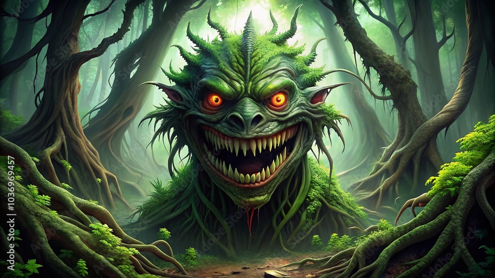 Fierce green horror monster with enormous goofy grin, razor-sharp teeth ...