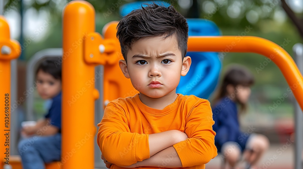 A child playing alone in a playground, surrounded by groups of children ...