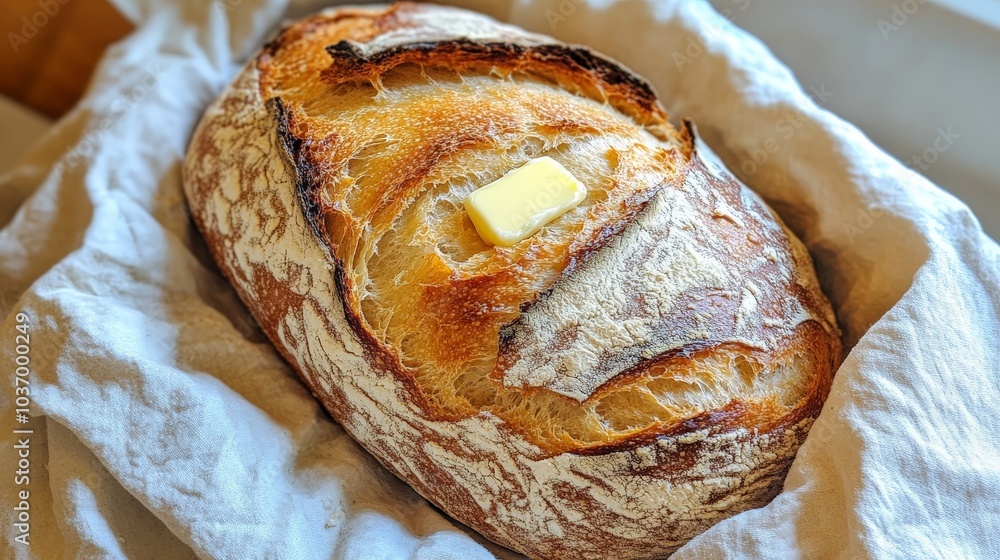 Freshly Baked Artisan Bread with Butter: A Perfectly Crispy Crust and ...