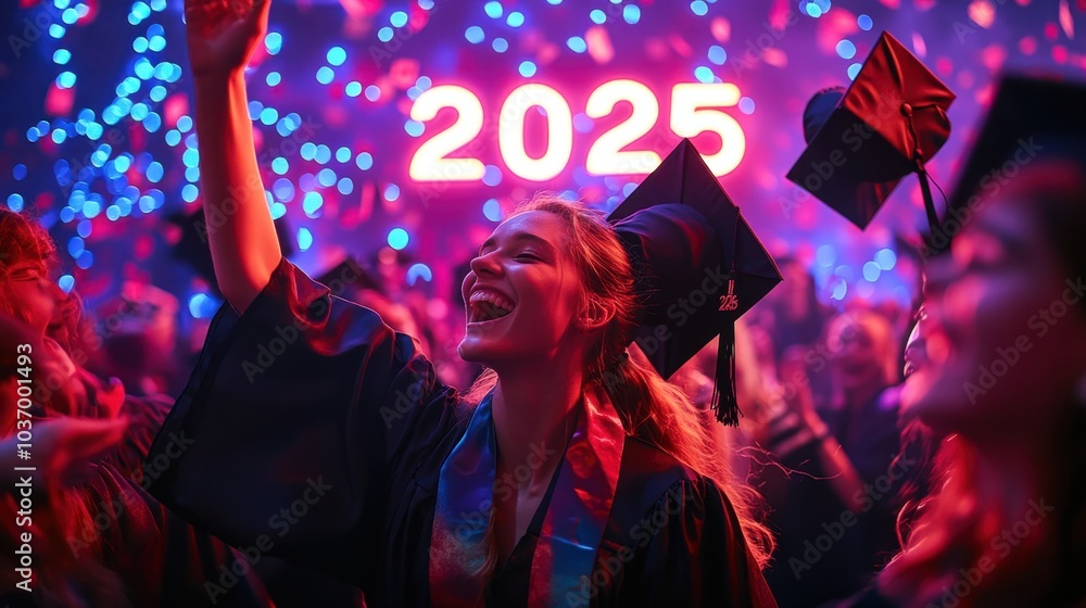 Neon "2025" with caps flying and students cheering under colorful party ...