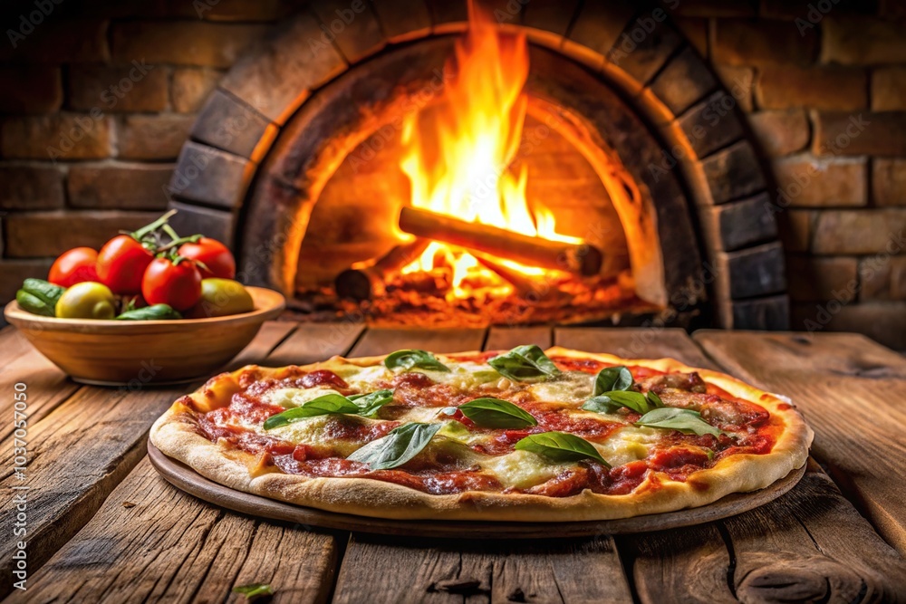 Authentic wood fired baked pizza with wood fired oven in background ...
