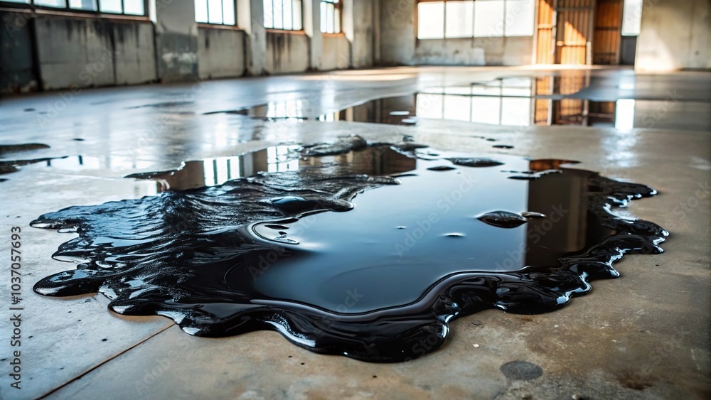 A large puddle of black slime on a dirty floor, dirty floor, gooey ...
